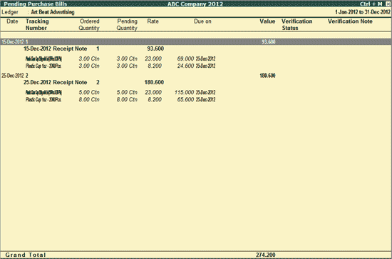 Pending Purchase Bills International 
