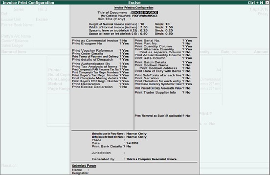 Excise Invoice Print Configuration options in Tally.ERP 9 Release 4.9x and 5.x?