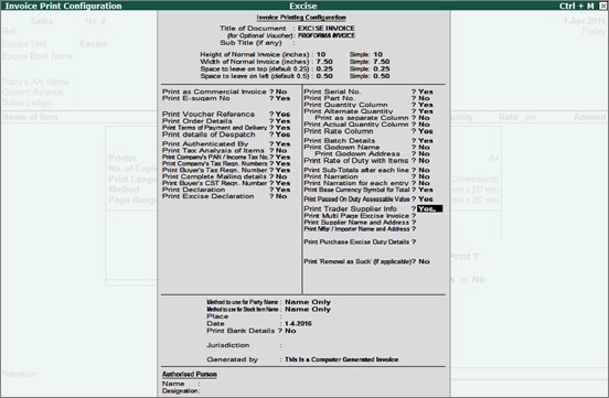 Excise Invoice Print Configuration options in Tally.ERP 9 Release 4.9x ...