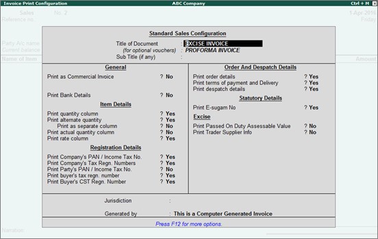 Excise Invoice Print Configuration options in Tally.ERP 9 Release 4.9x ...
