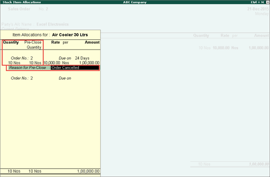 Pre-Closing Sales Orders in Item Allocation screen