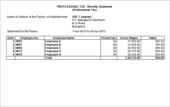 Professional Tax Statement Payroll 