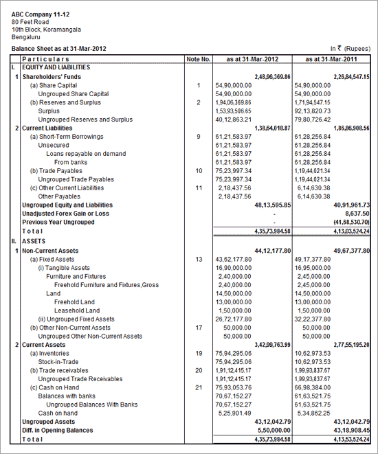 Printing Schedule VI Balance Sheet India 