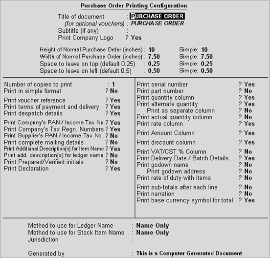 Purchase Order Printing Configuration