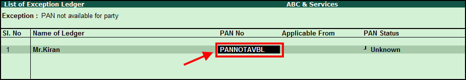 Summary of Exception - PAN not available for party