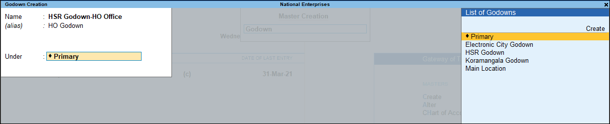 Inventory Storage Using Godowns Locations
