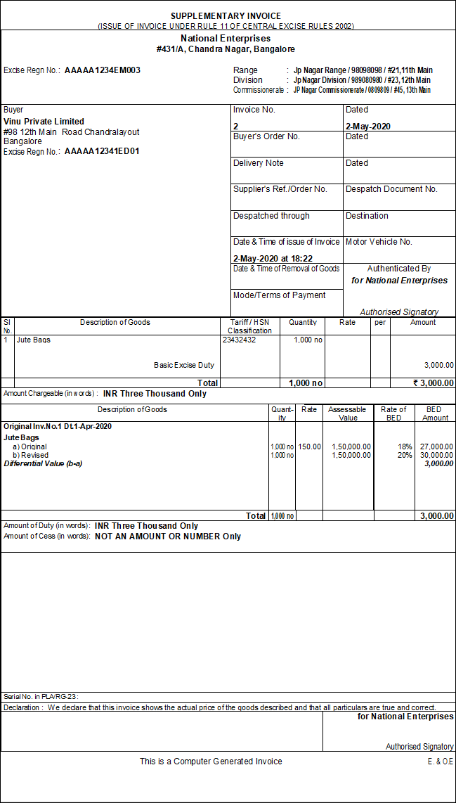 How To Record Excise Supplementary Invoice In TallyPrime TallyHelp