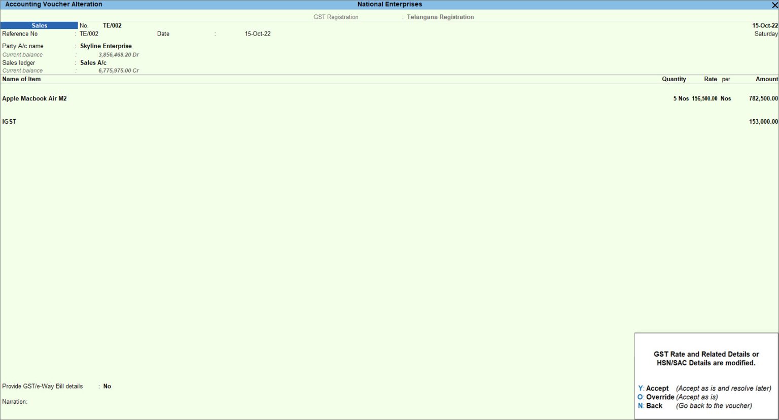 Override Assessable value, HSN code, Party details