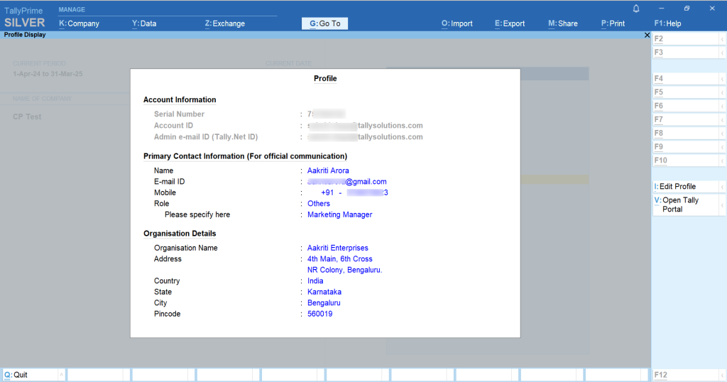How to View and Update Profile Details in TallyPrime | TallyHelp