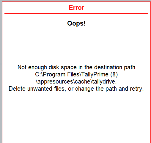 Unable to backup due to insufficient disk space in the application path ...