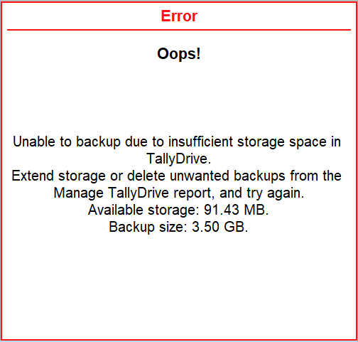 Unable to backup due to insufficient storage space in TallyDrive ...